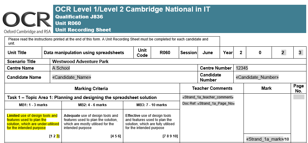 Completing unit recording sheets for Cambridge Nationals IT and iMedia