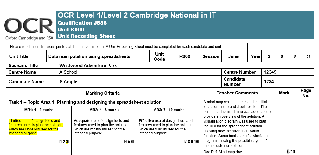 Completing unit recording sheets for Cambridge Nationals IT and iMedia